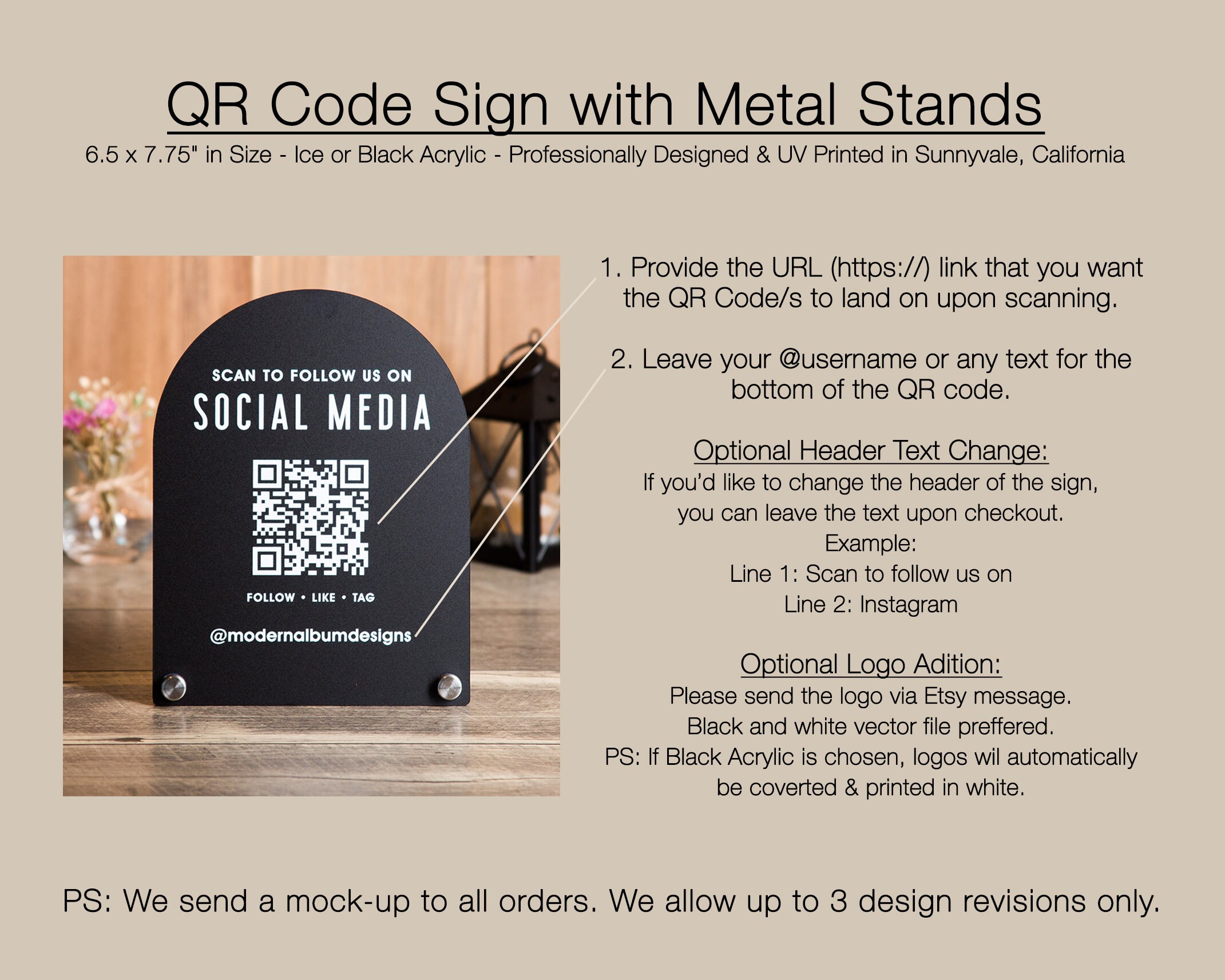 Arched QR Code Social Media Sign - 6x7.75" Scannable Table Desk Signage ...