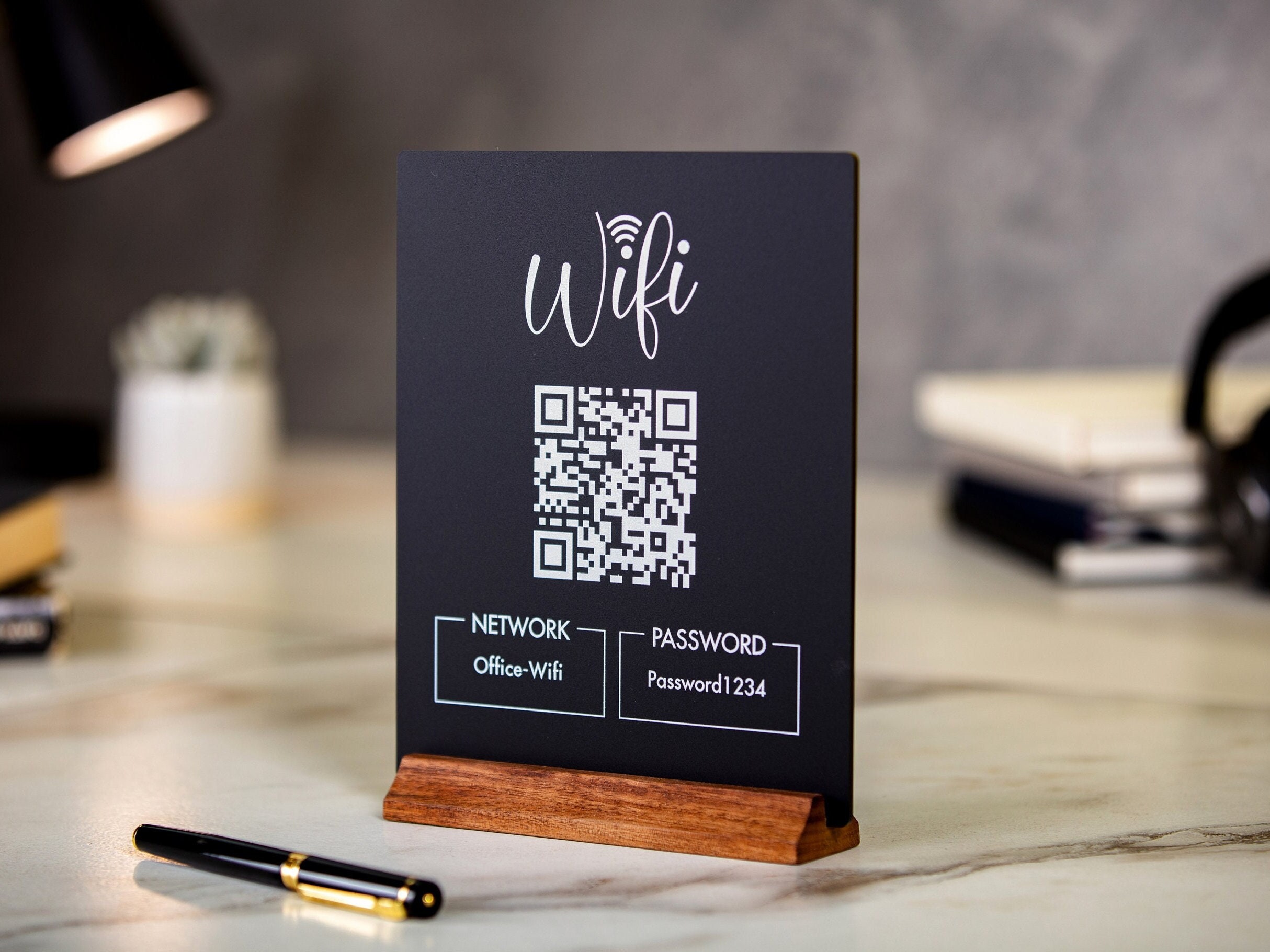 QR Code Wifi Acrylic Sign W/ Wood Base 6.5 X 7.75 Table Sign for Home ...