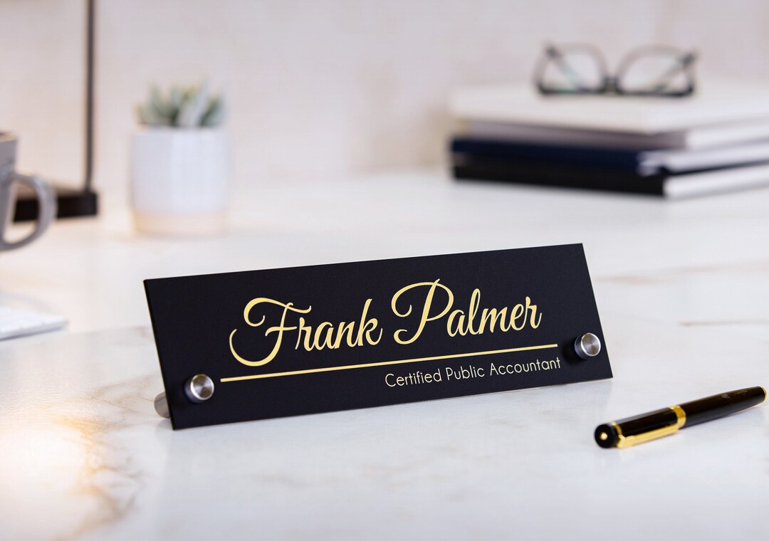 Standing Black Acrylic Name Plate gold Text Executive Desk CEO Sign ...