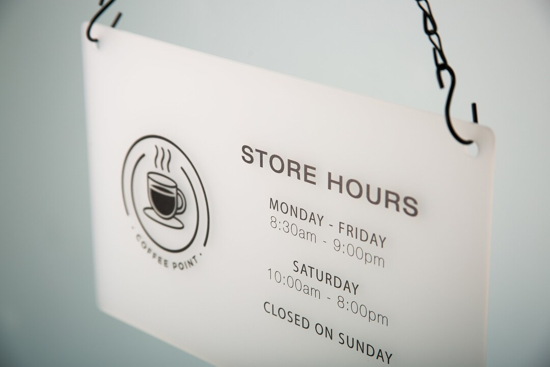 Store Hours W/ Logo Acrylic Sign & Black Hanging Chain 11.5x7 Custom ...