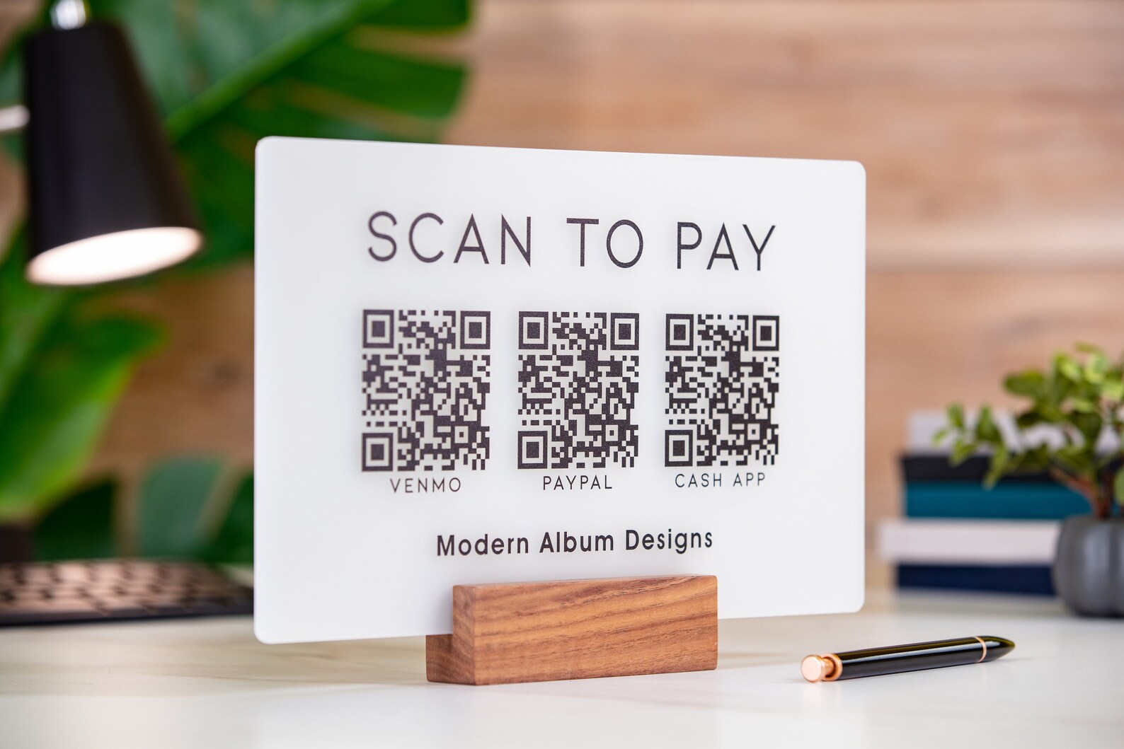 3 QR Codes Scan to Pay W/ Wood Stand - 11.5x7" Scannable Acrylic Desk ...