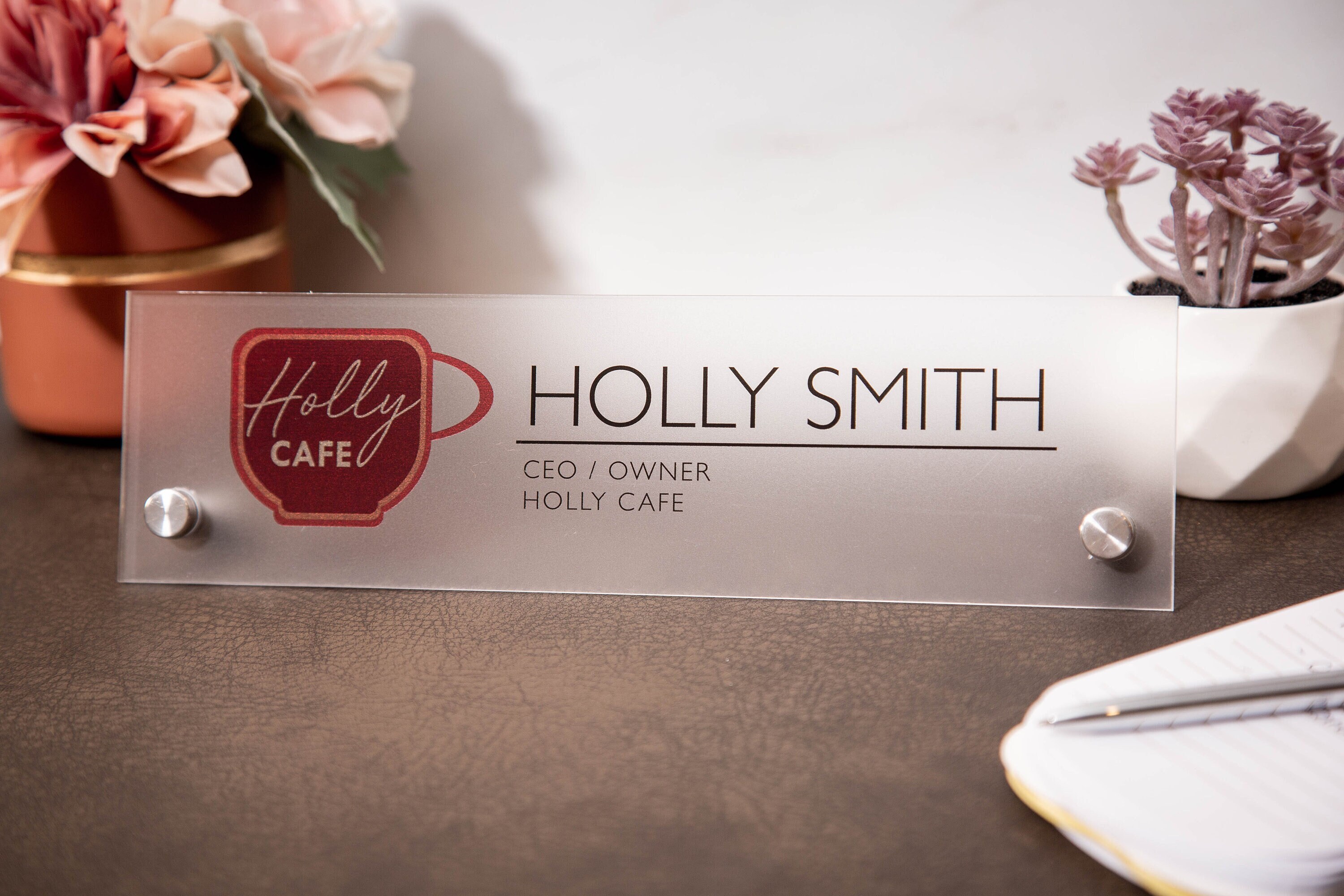 Frosted Standing Name Plate W/ Logo 10x2.75 Clear Executive Desk Name ...