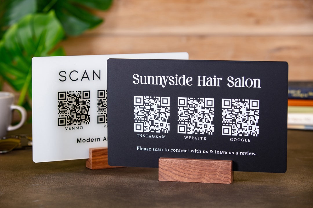 3 QR Codes Business Sign W/ Wood Stand 11.5x7 Scannable Acrylic ...