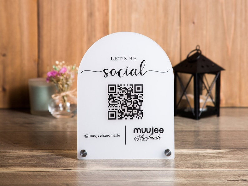 Arched QR Code Social Media Sign - 6x7.75" Scannable Table Desk Signage ...