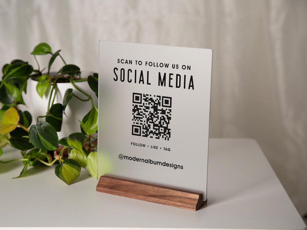 QR Code Social Media Sign W/ Wood Stand - Scannable Office Table Desk ...