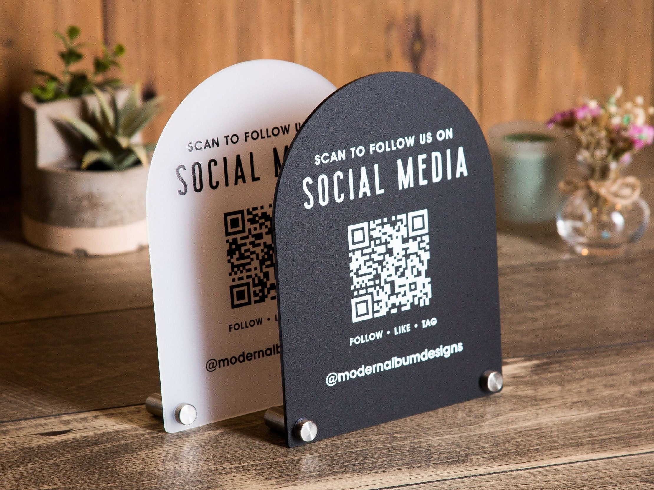 Arched QR Code Social Media Sign - 6x7.75" Scannable Table Desk Signage ...