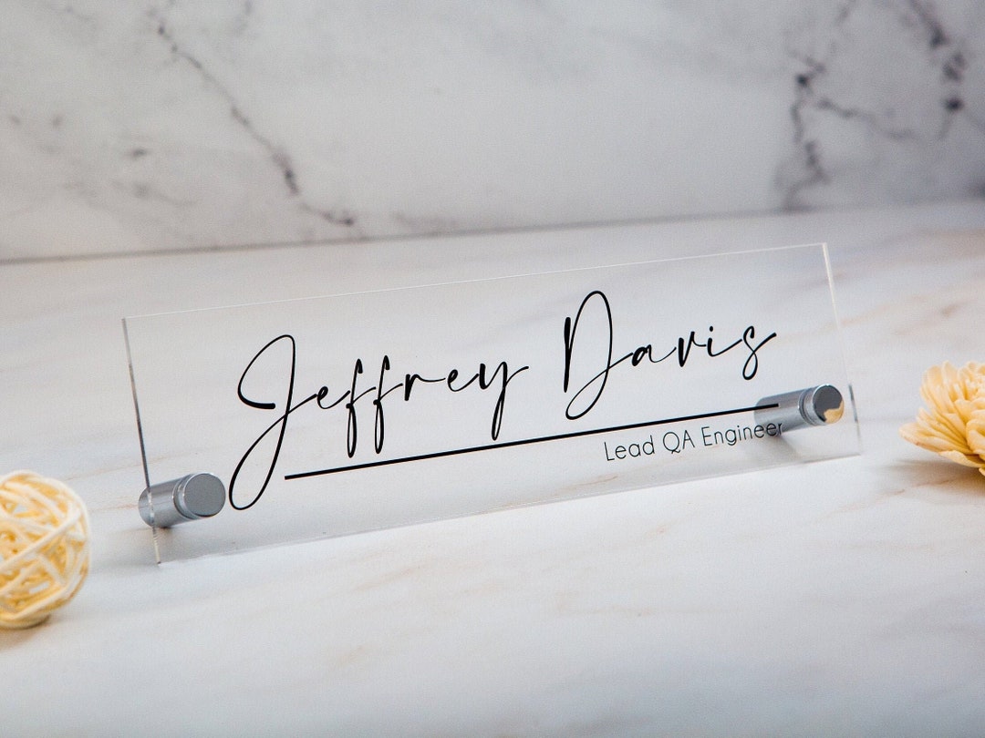 Standing Acrylic Name Plate - 10x2.75" Clear Script Executive Desk CEO ...