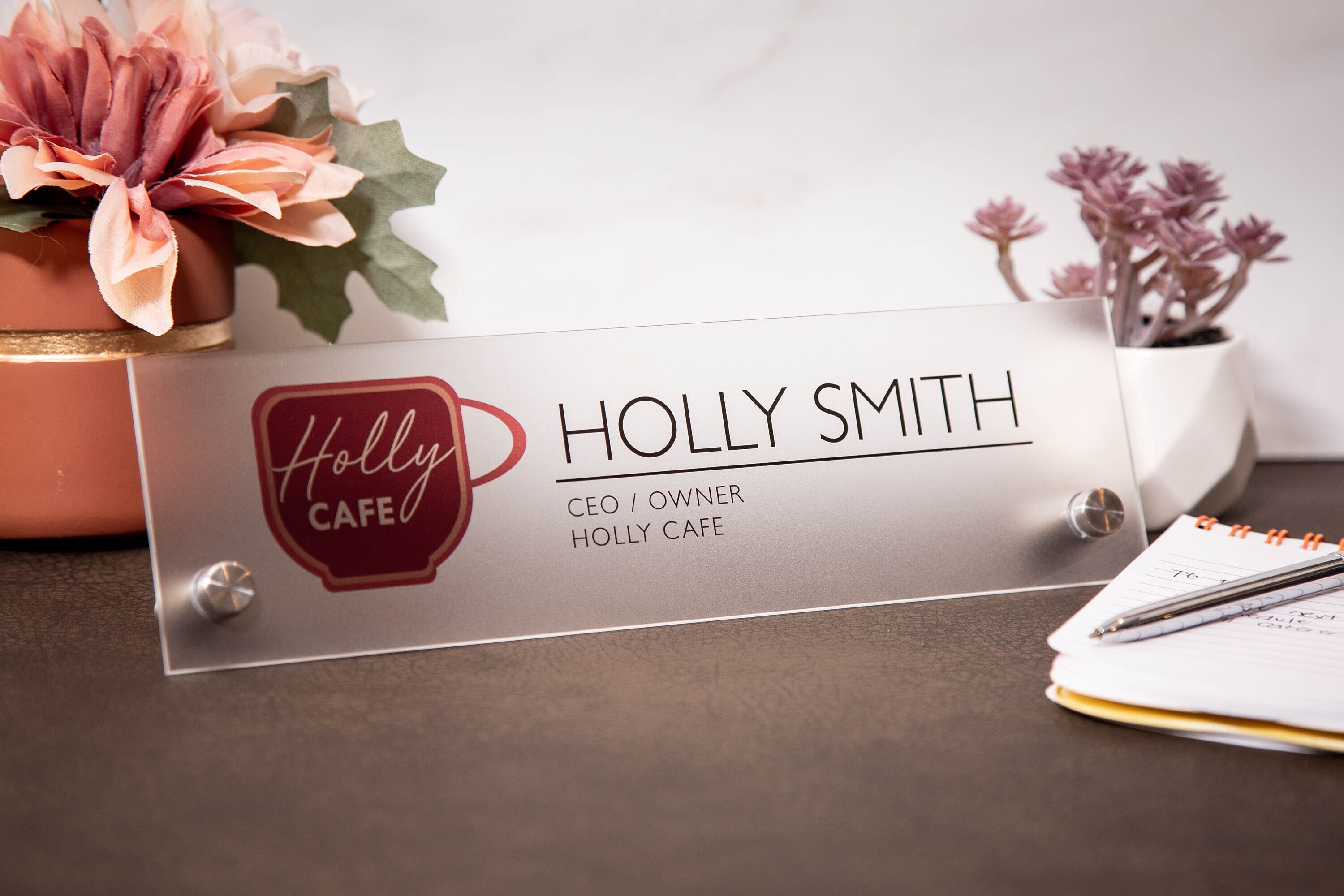 Frosted Standing Name Plate W/ Logo 10x2.75 Clear Executive Desk Name ...