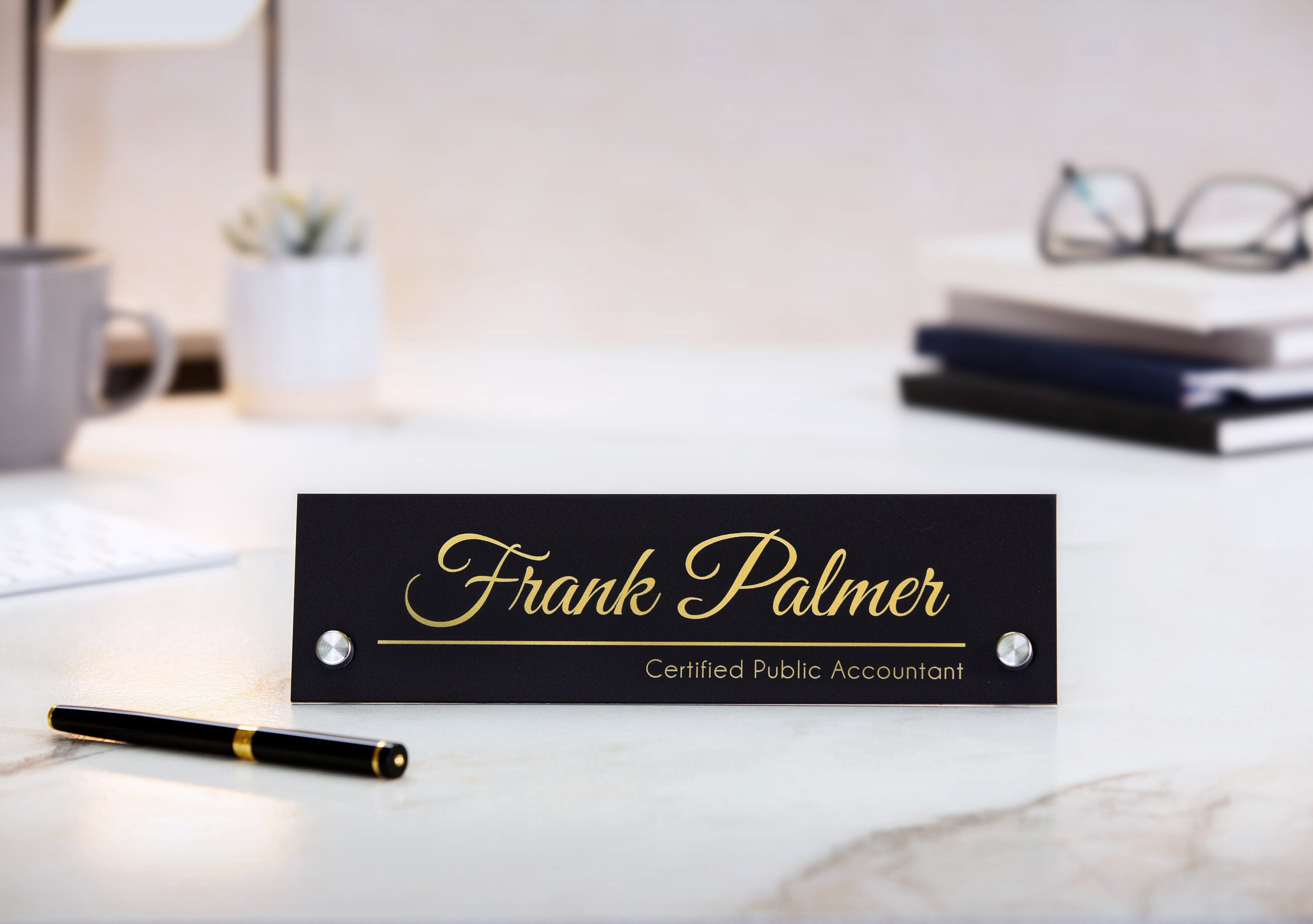 Standing Black Acrylic Name Plate gold Text Executive Desk - Etsy