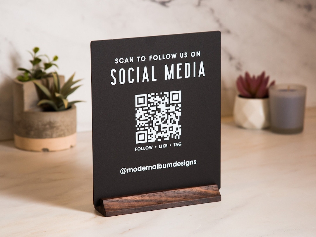 QR Code Social Media Sign W/ Wood Stand Scannable Office Table Desk ...