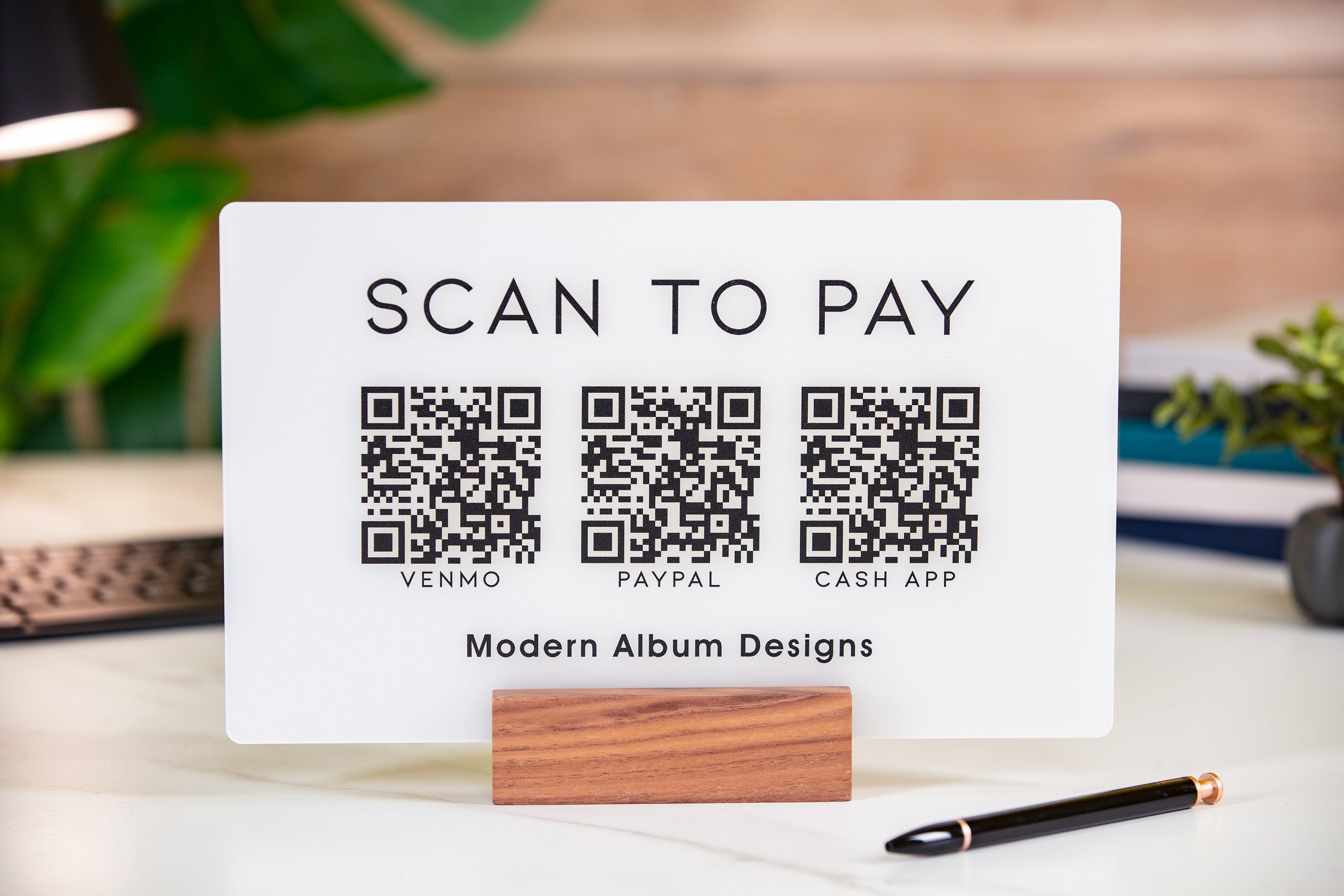 3 QR Codes Scan to Pay W/ Wood Stand - 11.5x7" Scannable Acrylic Desk ...