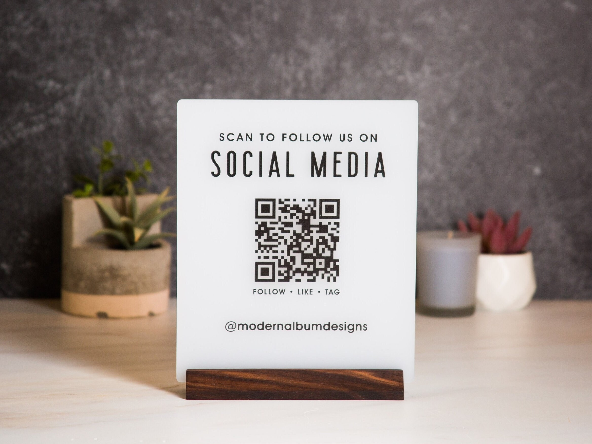 QR Code Social Media Sign W/ Wood Stand Scannable Office Table Desk ...