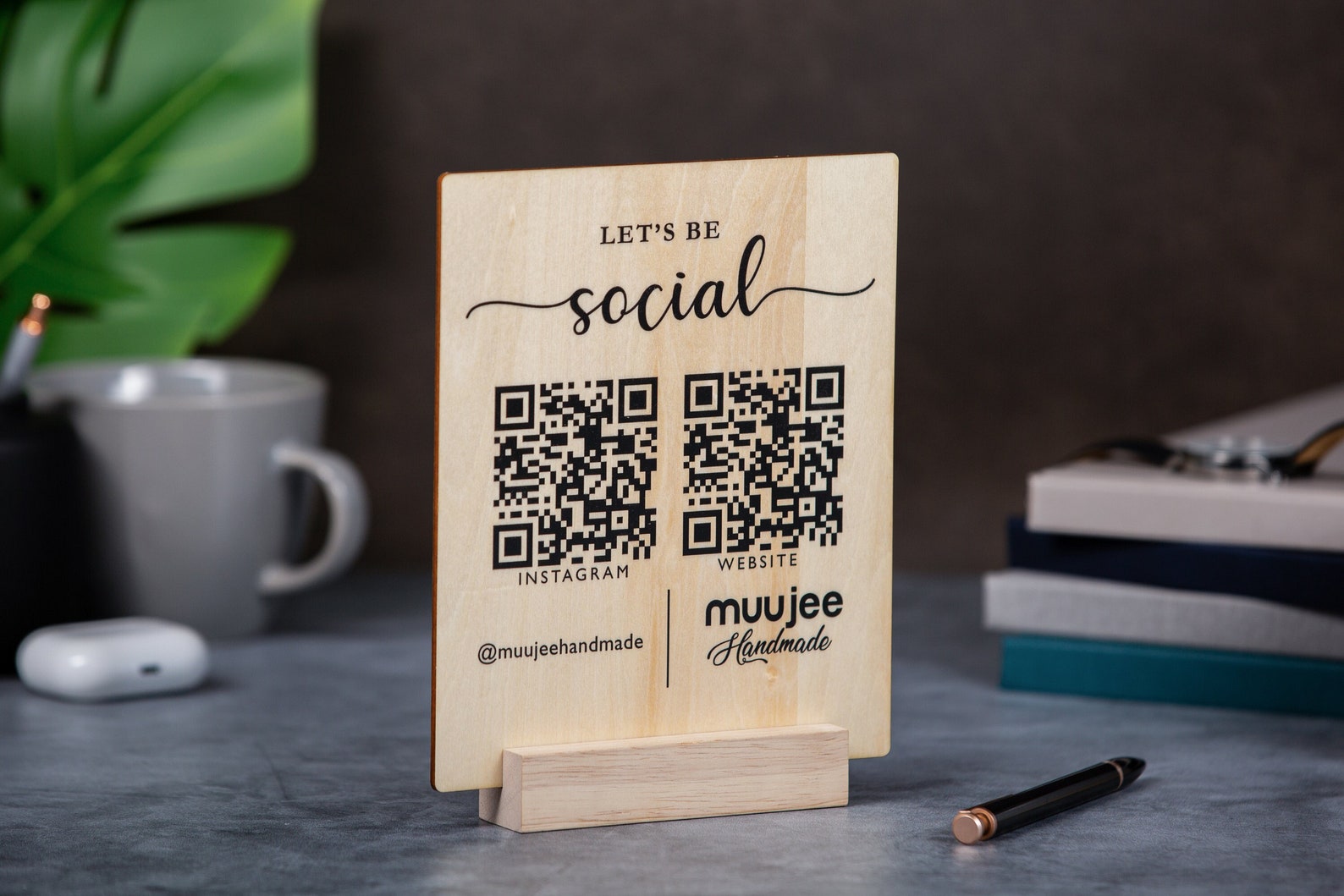 Maple QR Code Social Media Sign W/ Maple Wood Stand Business Logo ...