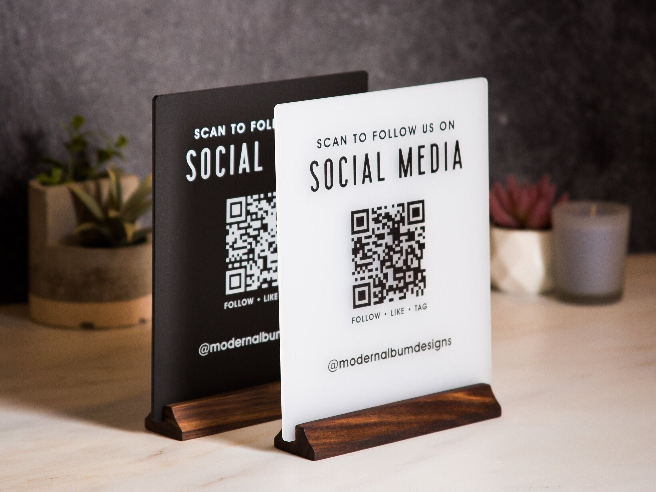 QR Code Social Media Sign W/ Wood Stand - Scannable Office Table Desk ...