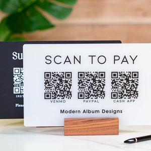 3 QR Codes Scan to Pay W/ Wood Stand - 11.5x7" Scannable Acrylic Desk ...