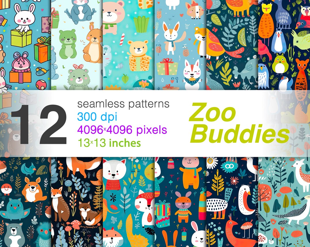 Zoo Buddies Digital Paper - SEAMLESS - Zoo Buddies Animal Patterns - 12 ...