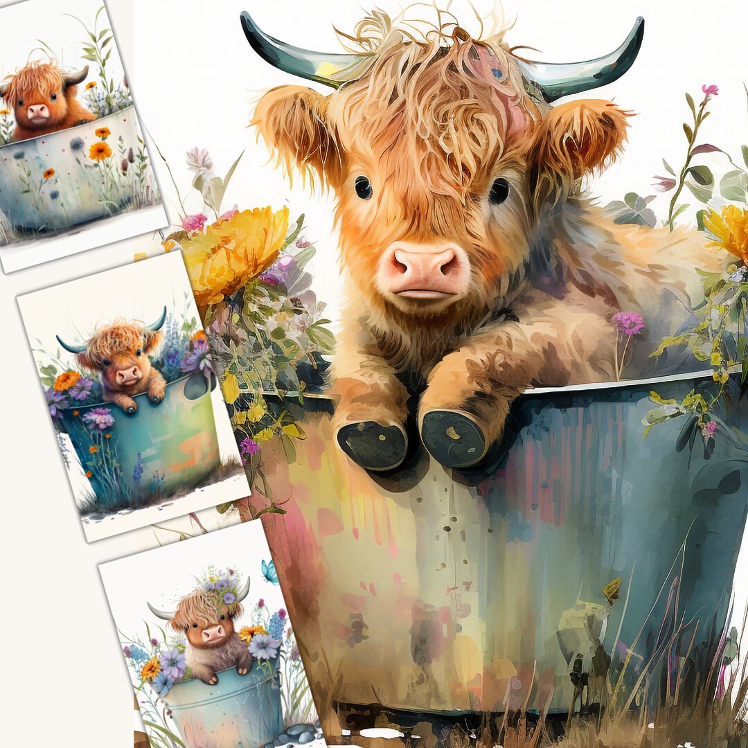 Highland Cow in Tub PNG, Cow Watercolor Clipart, Kawaii Cow, Cute Baby ...
