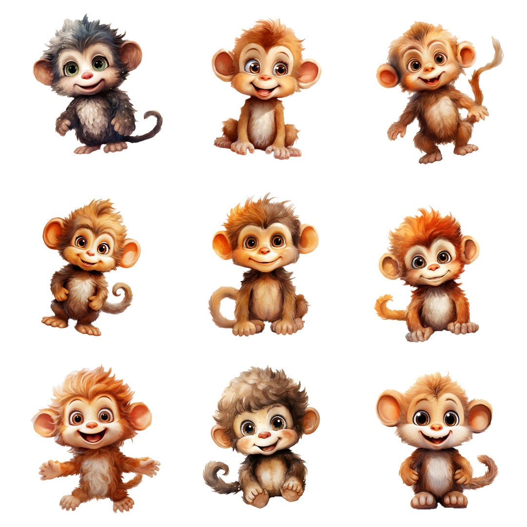 Cute Monkey Watercolor Clipart Bundle Jungle Animals Cute Ape Animal ...