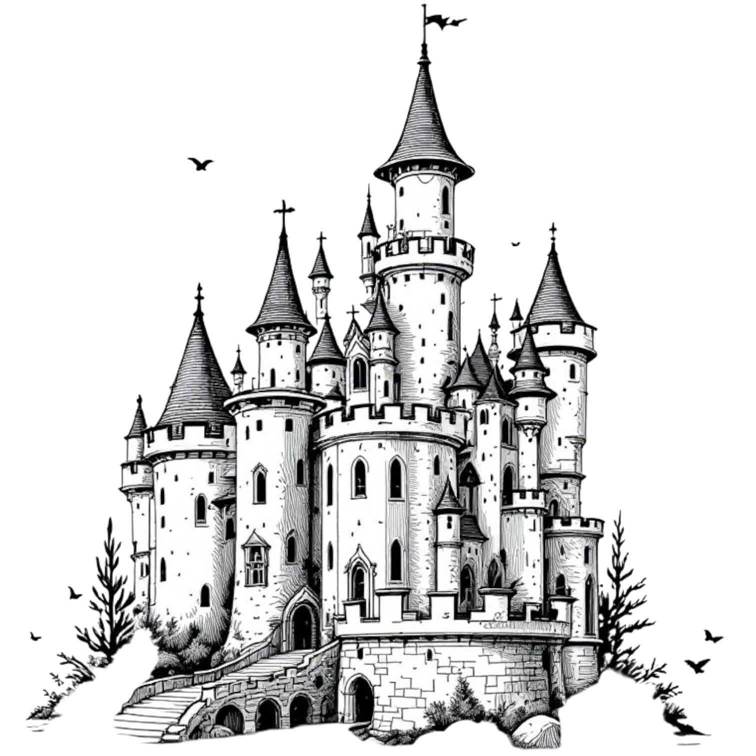 Fairytale Castle Cinderella Castle Black & White Art SVG / PNG / JPG ...