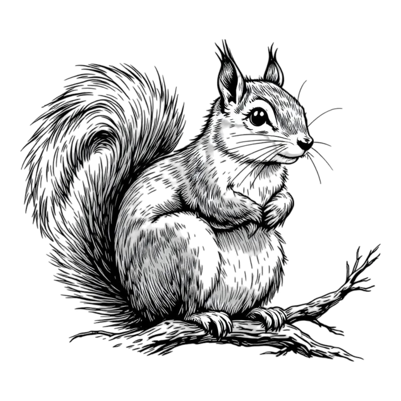 Squirrel on Tree Branch Black & White SVG / PNG / JPG Clipart - Free ...