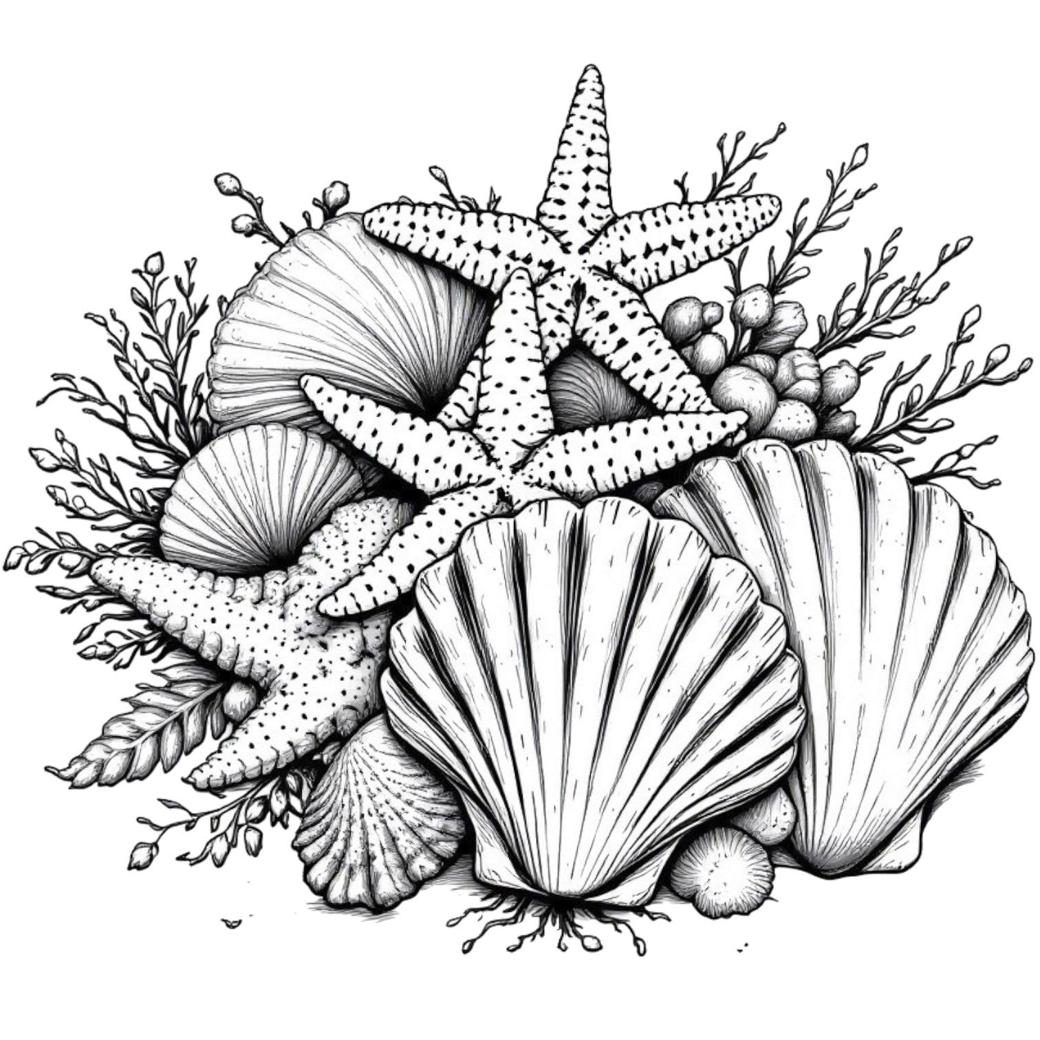 Starfish Clams Sea Shells Ocean Beach Art Black & White Seashells SVG ...