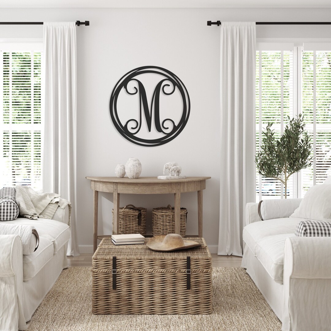 Monogram Metal Wall Art in Hand Drawn Circle, Letter Metal Wall Hanging ...