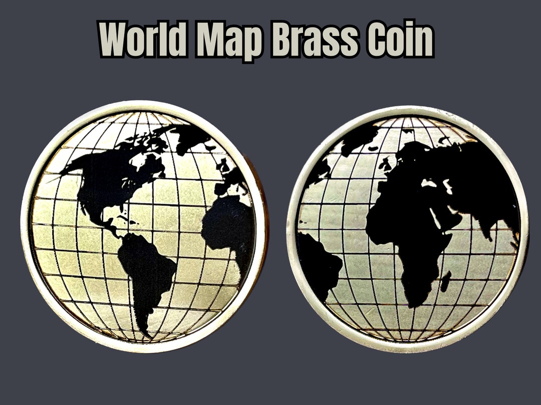 World Map Engraved Brass Coin, Collector Challenge Coin, Dual World ...