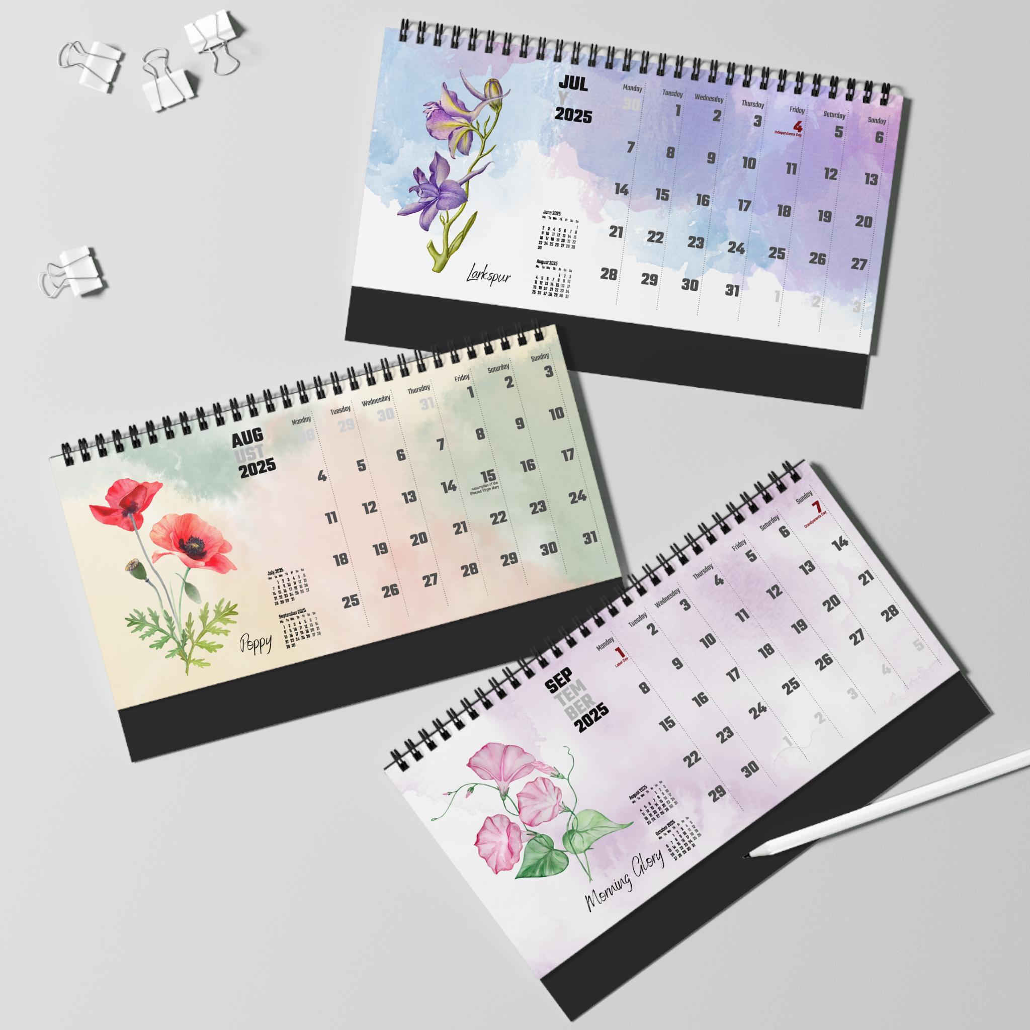 2025 Birth Flower Desk Calendar, Watercolor Flower Illustration ...