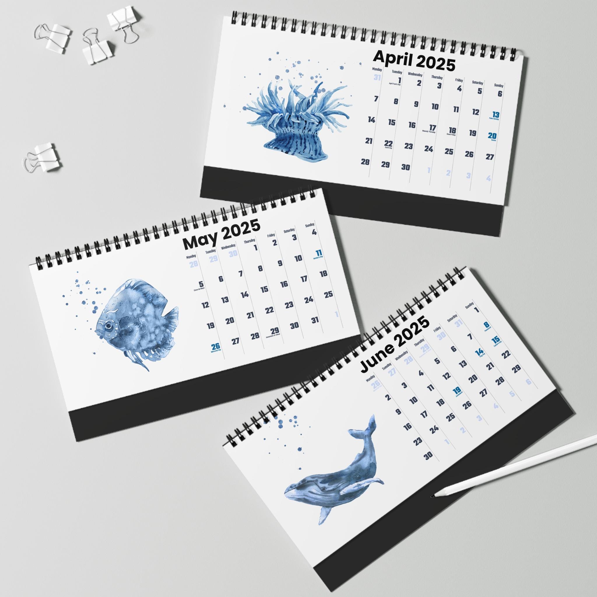2025 Sea Creatures Desk Calendar, Watercolor Sea Fish Coral Whale ...