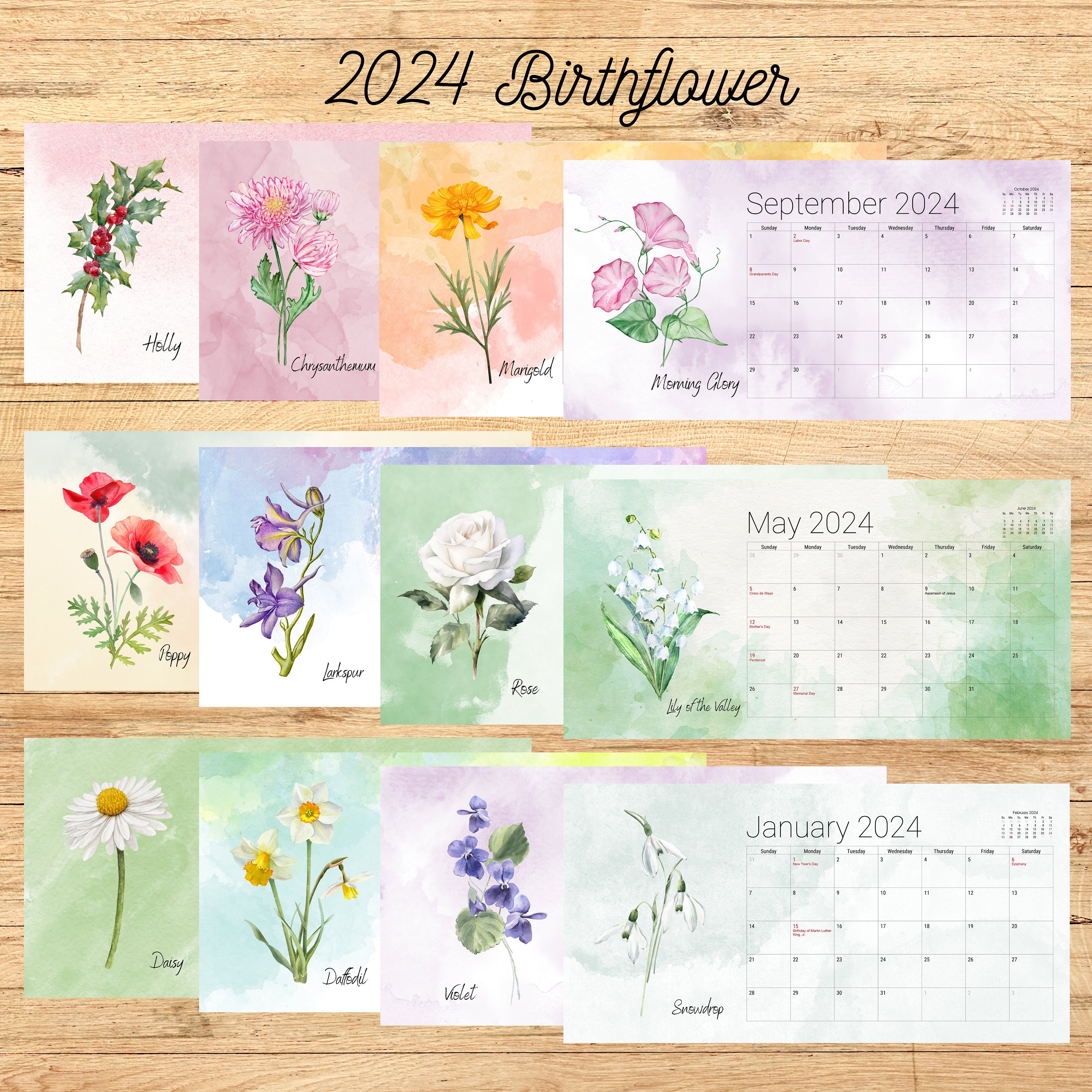2024 Birth Flower Desk Calendar, Watercolor Flower Illustration ...