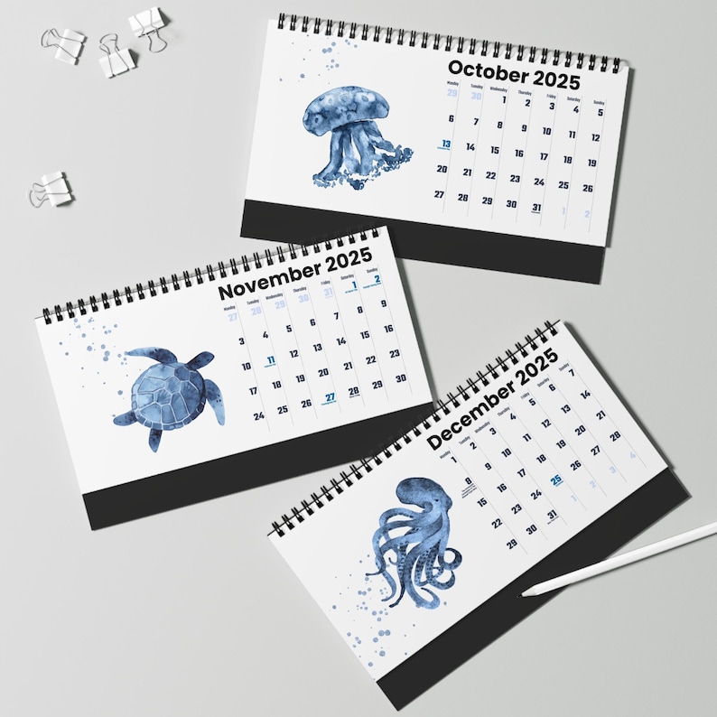 2025 Sea Creatures Desk Calendar, Watercolor Sea Fish Coral Whale ...