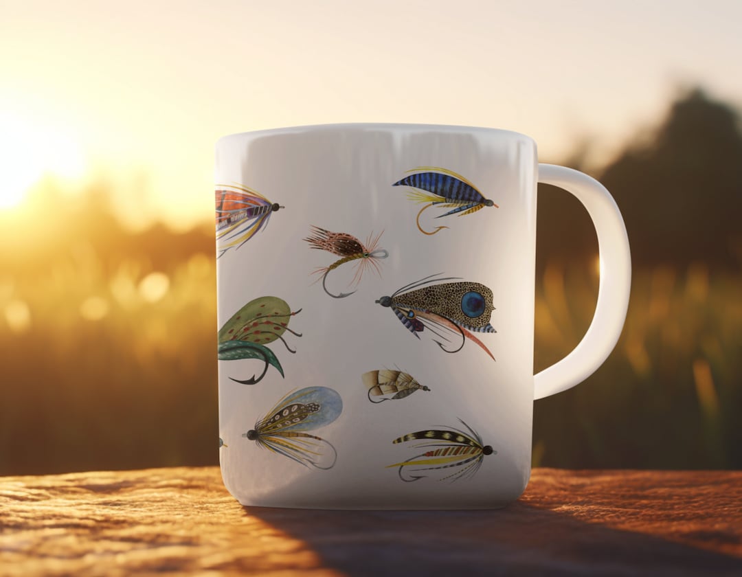 Fly Fishing Lure Ceramic Mug, Watercolor Wet Fly Trout Fishing Lure Cup ...
