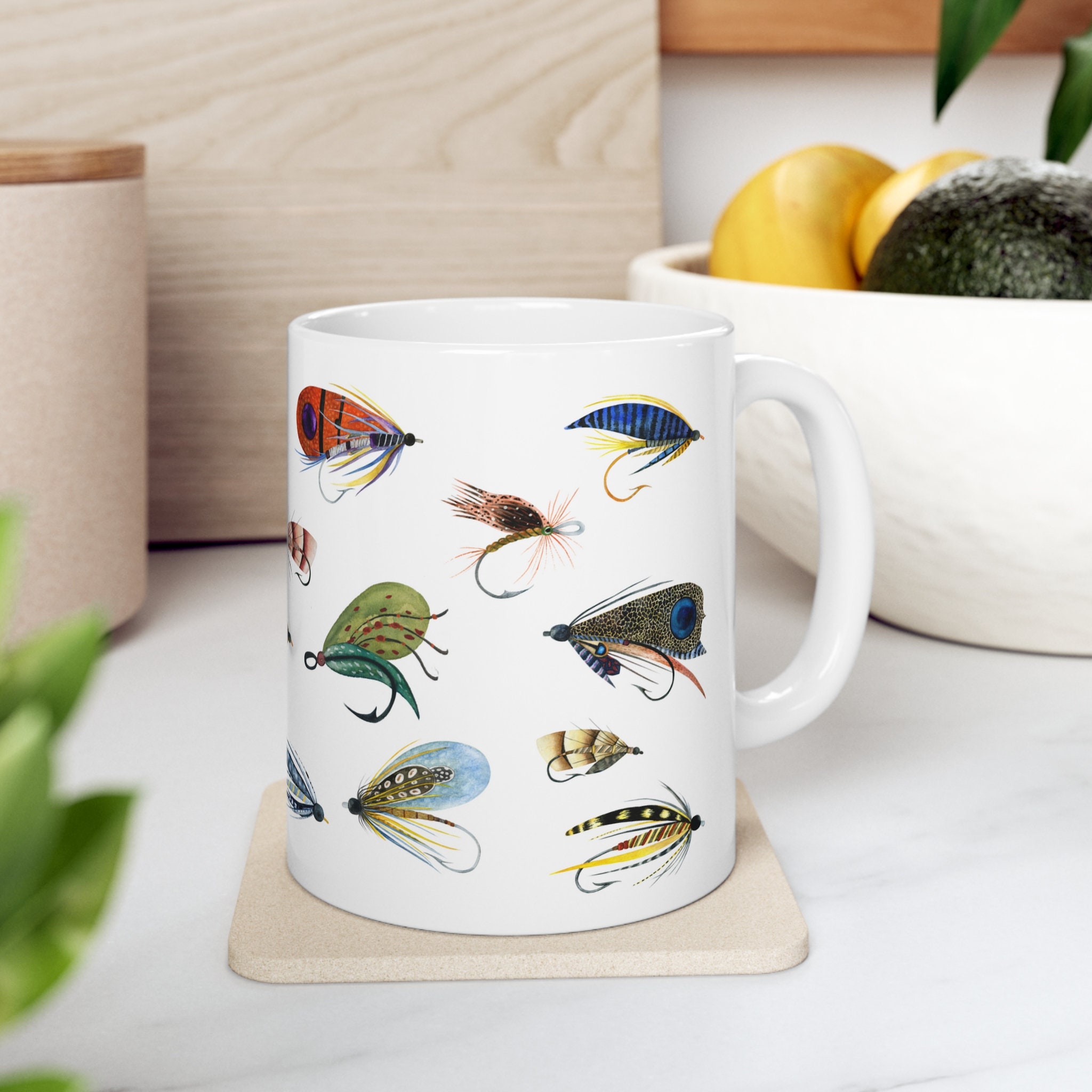 Fly Fishing Lure Ceramic Mug, Watercolor Wet Fly Trout Fishing Lure Cup ...