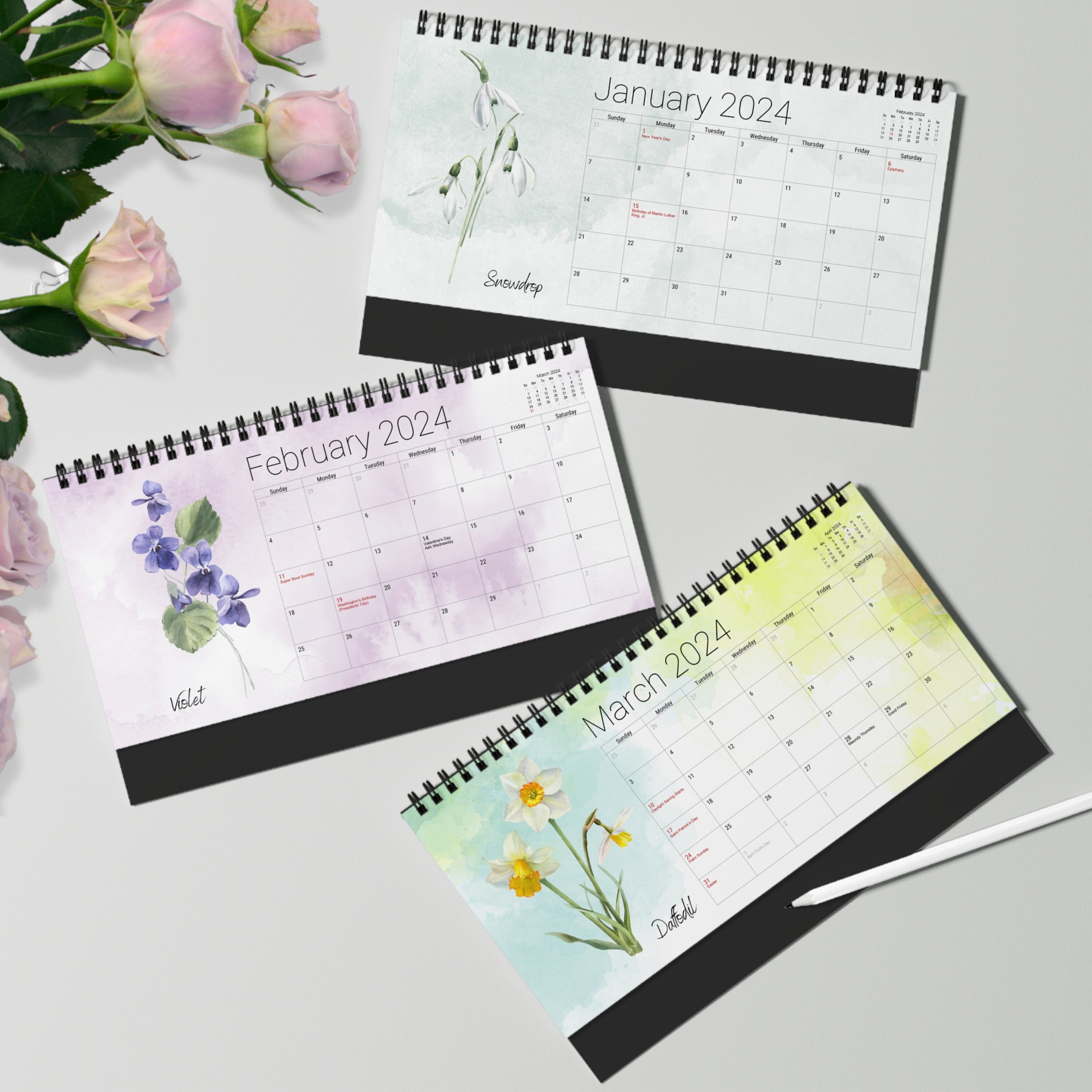 2024 Birth Flower Desk Calendar, Watercolor Flower Illustration ...