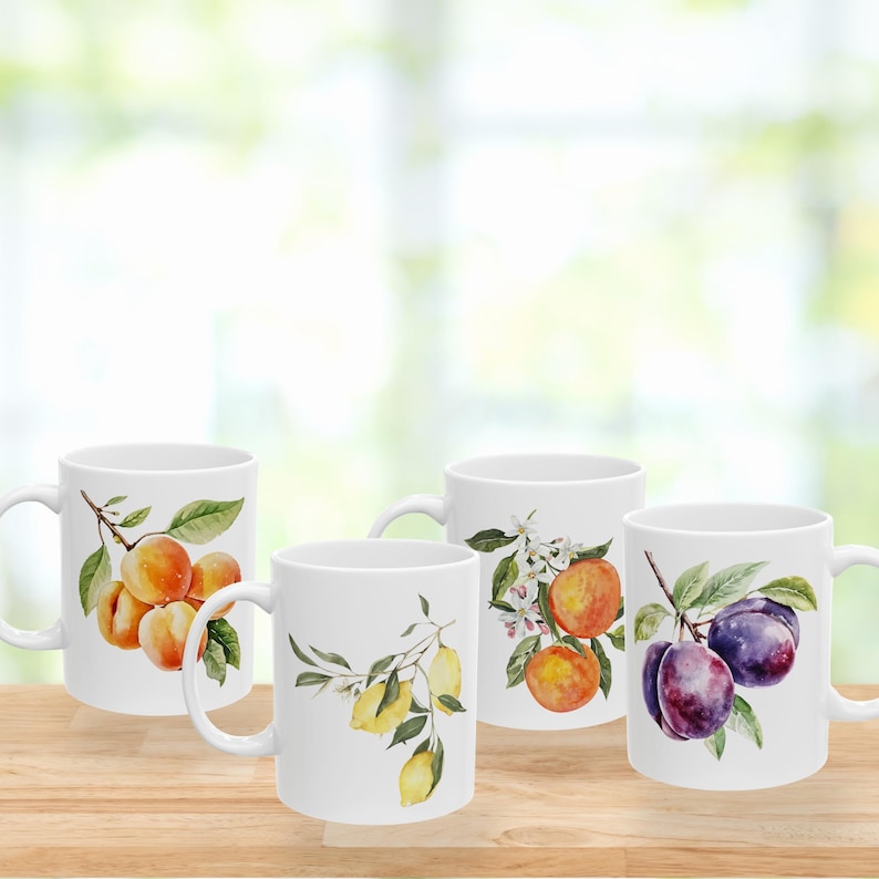 Watercolor Fruit Ceramic Mug Set, Orange Lemon Apricot Plum, Kitchen ...