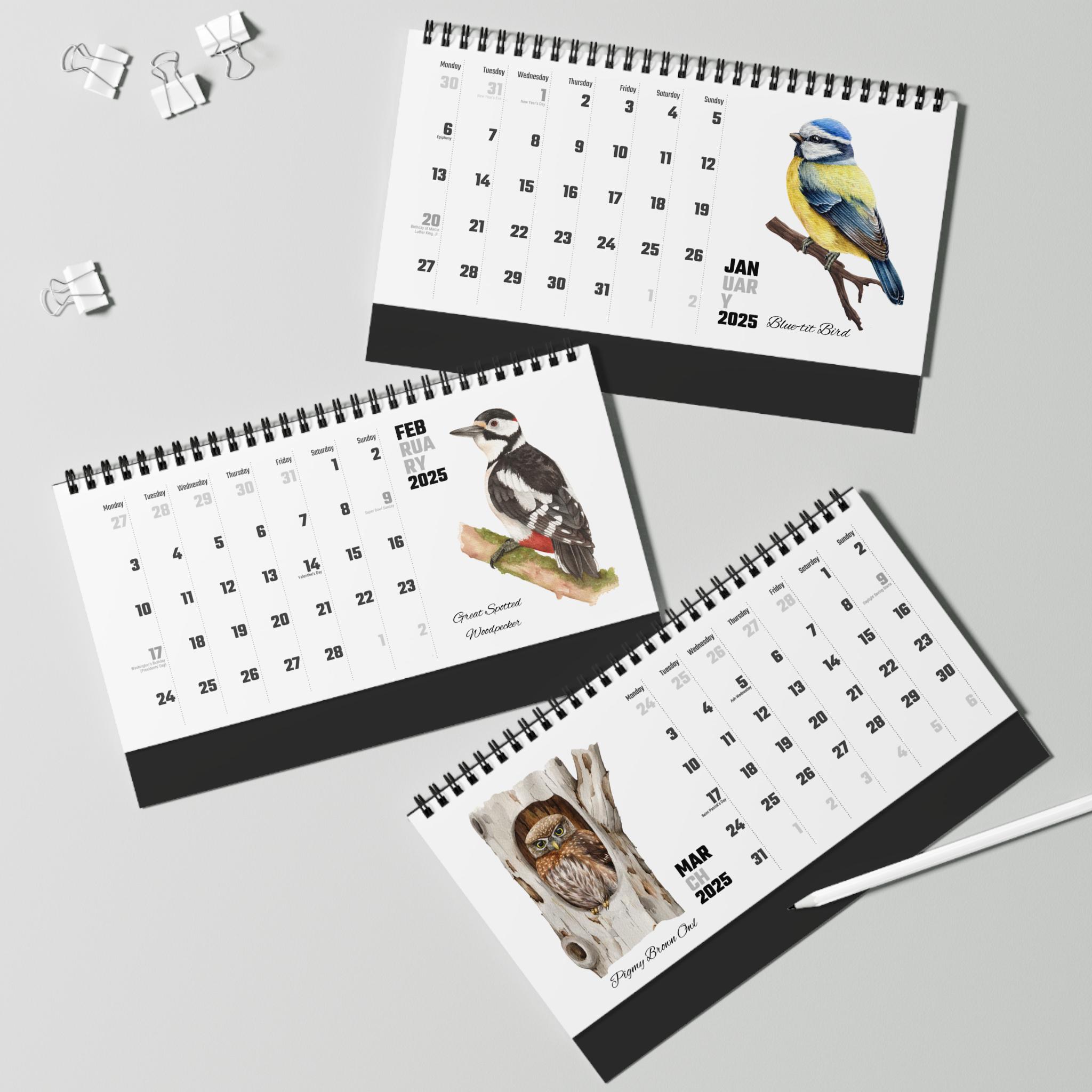 Birds Watercolor Desktop Calendar, Cardinal Robin Owl Blue Bird Monthly ...