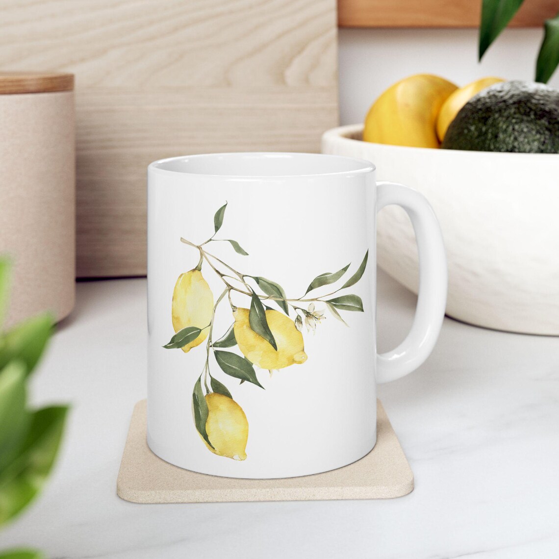 Watercolor Fruit Ceramic Mug Set, Orange Lemon Apricot Plum, Kitchen ...