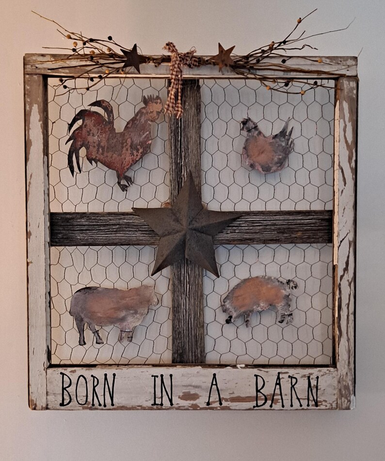 Repurposed Window Frame. Chicken Wire, Tin Animal Cutouts by Hand ...