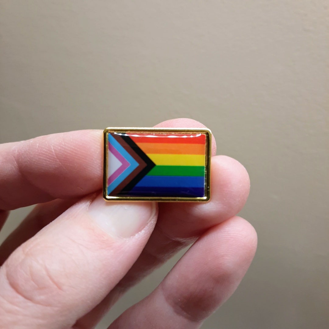 LGBTQ Progress Pride Flag Pin, Epoxy on Gold Plated Brass, 15mm X 22mm ...