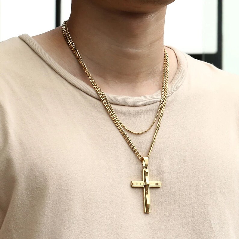 Cross Layered Necklace Men's Gold Cross Necklace - Etsy
