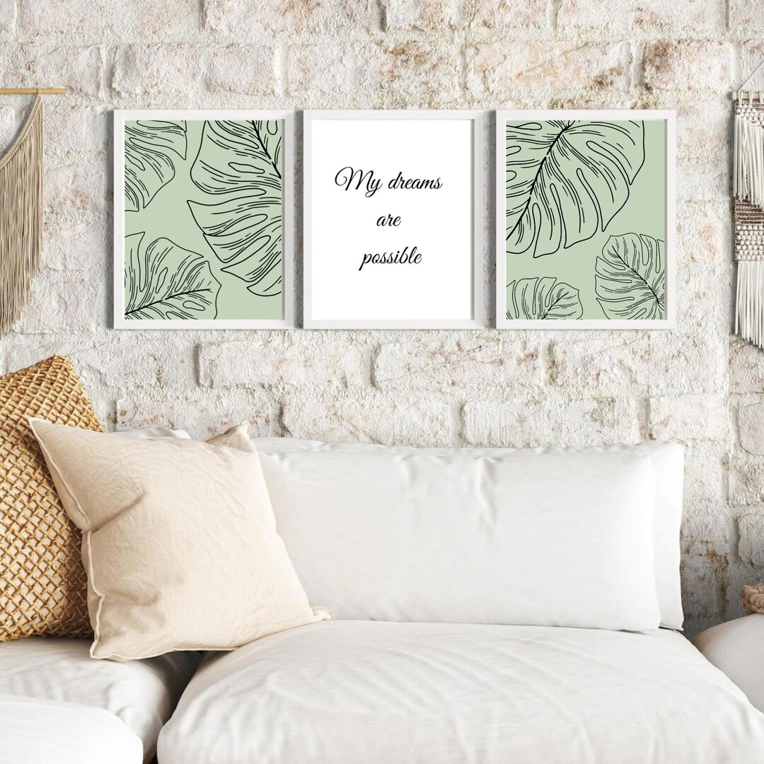 Set of 3 Positive Affirmation Wall Art, Green Leaves Wall Art ...