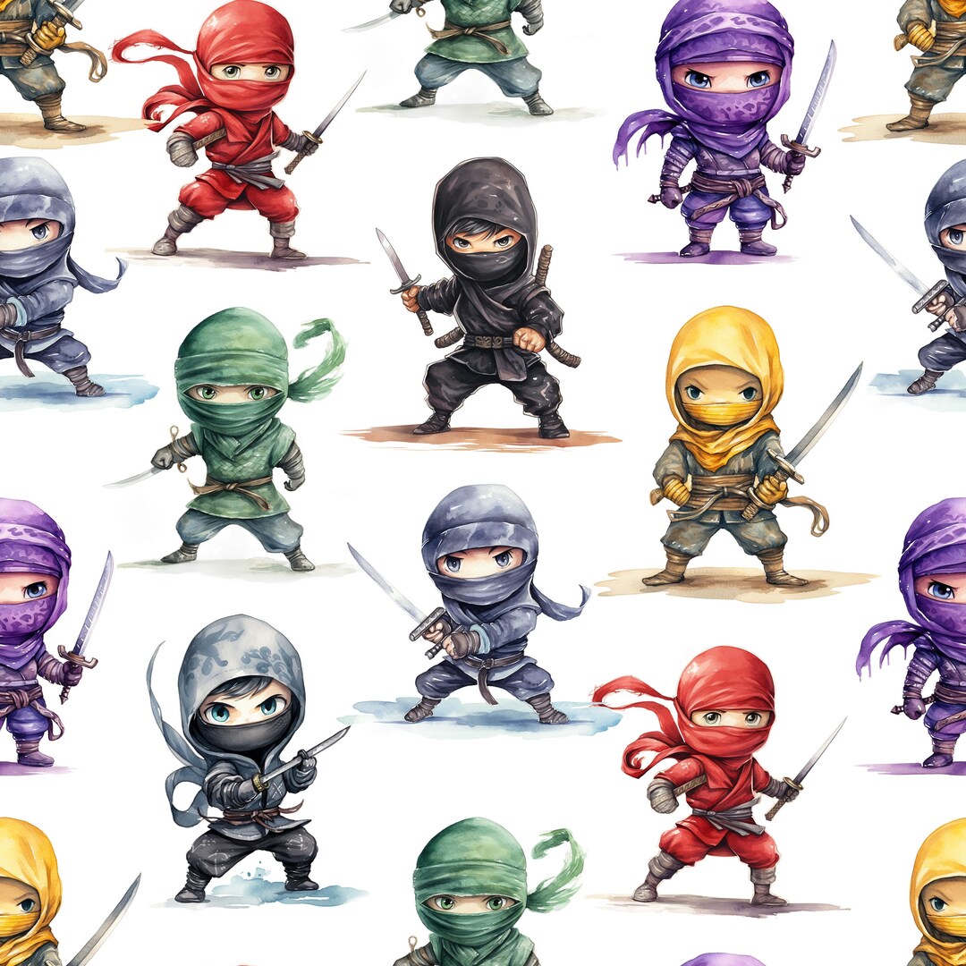 Ninja, Colourful Ninjas With Swords on a White Background Printed on ...