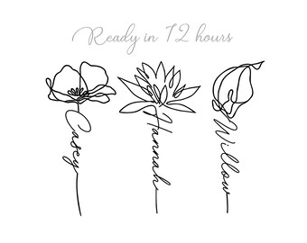 Custom Name Long Sleeve Birth Flower Tattoo Design Line Art - Etsy
