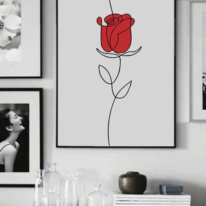 Red Rose Line Drawing Print, Abstract Floral Illustration Art ...