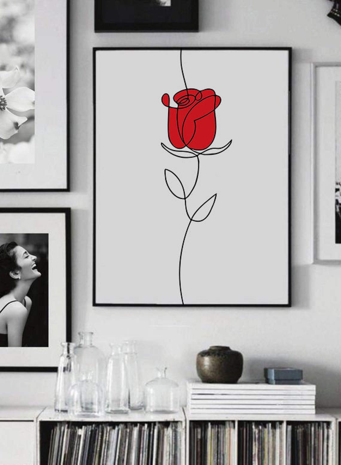 Red Rose Line Drawing Print Abstract Floral Illustration Art - Etsy