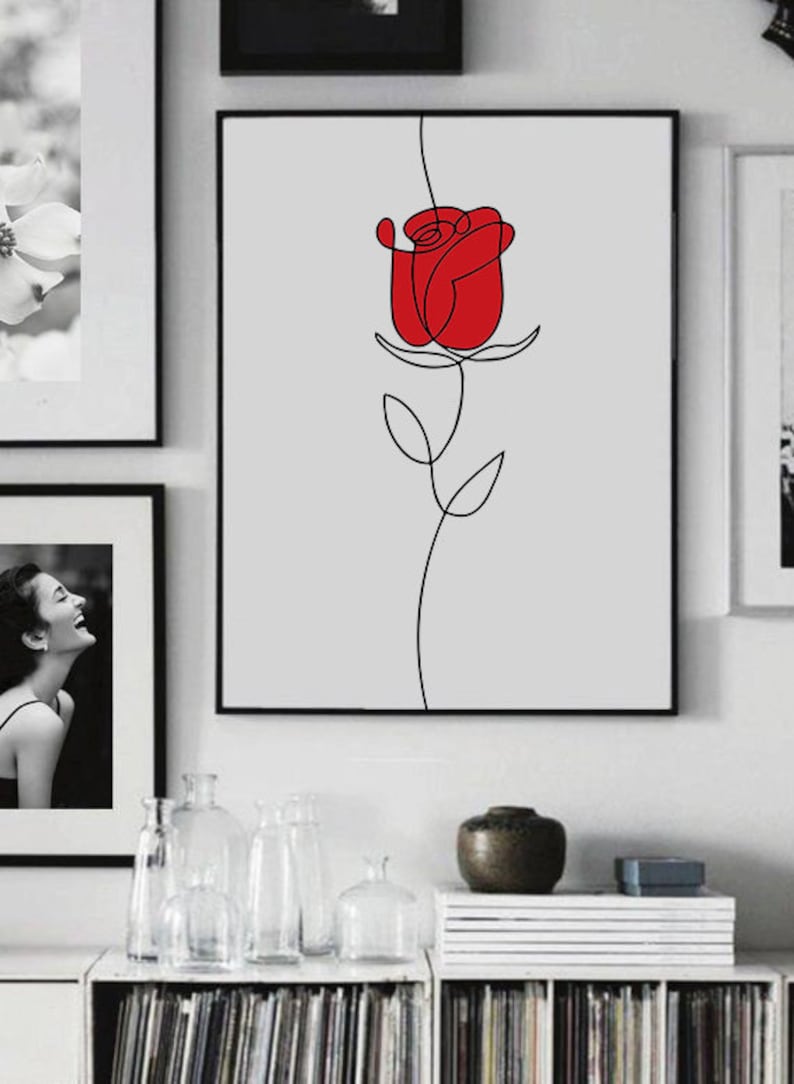 Red Rose Line Drawing Print Abstract Floral Illustration Art - Etsy