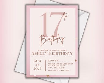 Editable 17th Birthday Invitation, Pink and Black Invitation, Pink 17 ...