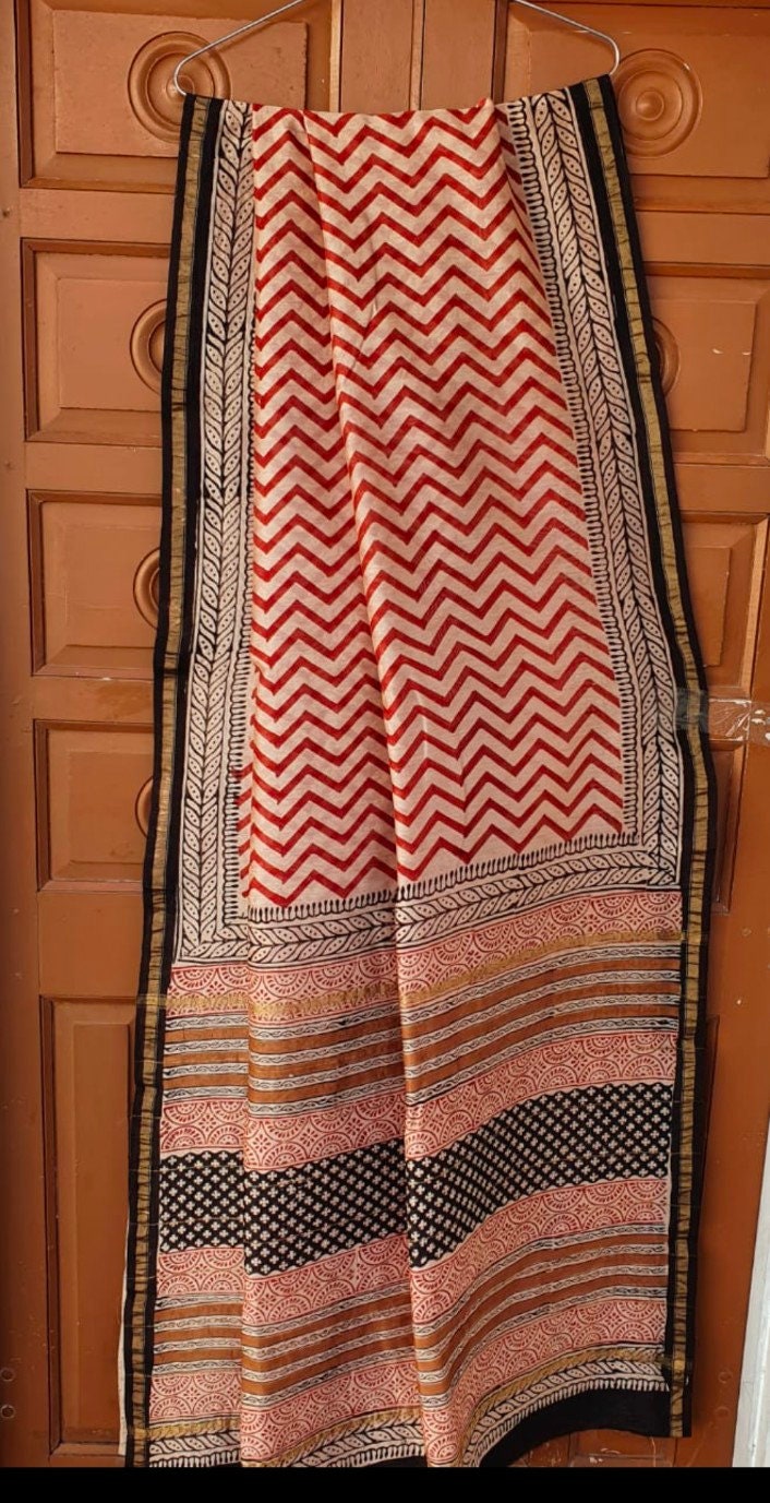 Rajasthani Hand Block Print Chanderi Silk Saree With Unstitched Blouse ...