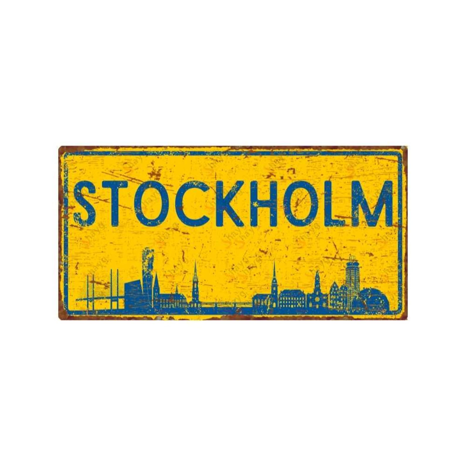 Vintage Stockholm Aluminum Sign: Retro Blue Skyline, Rustic Sweden ...