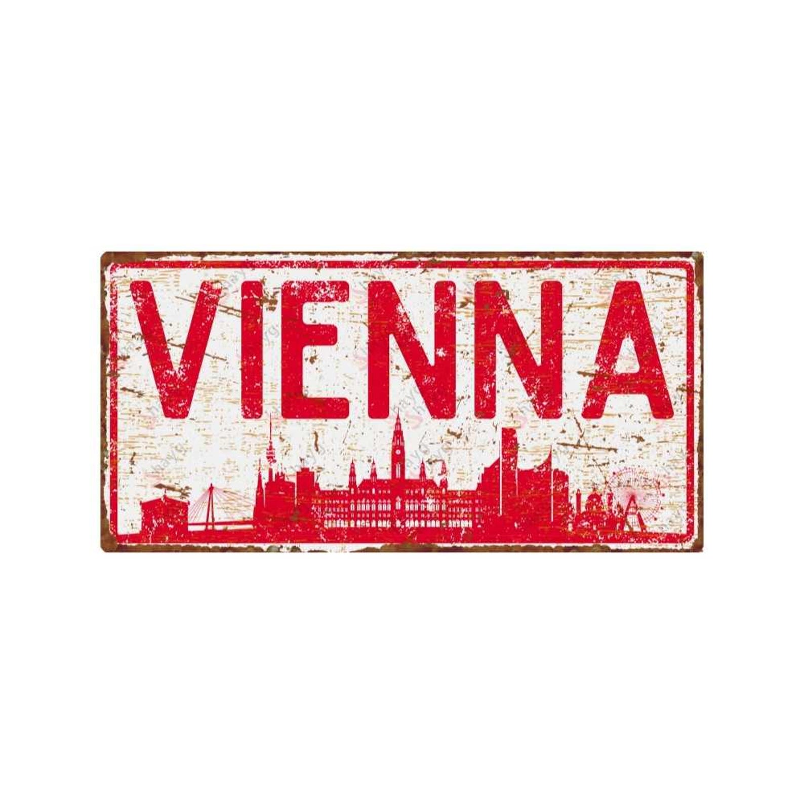 Vintage Red Vienna Skyline Aluminum Sign: Rustic Austria Travel Decor ...